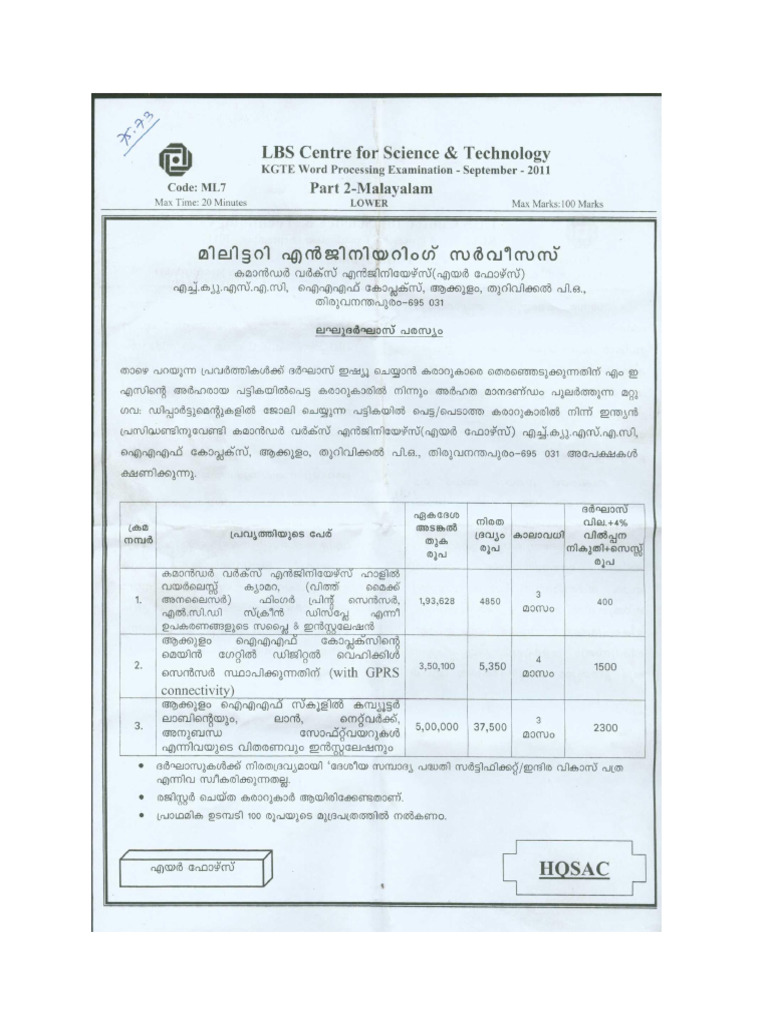 KGTE Malayalam Typewriting Previous Year Question Paper | PDF