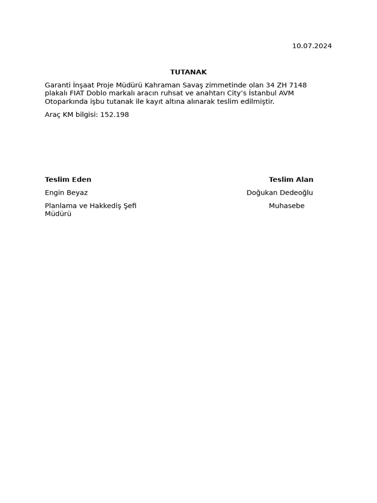 Araç Teslim Tutanağı | PDF