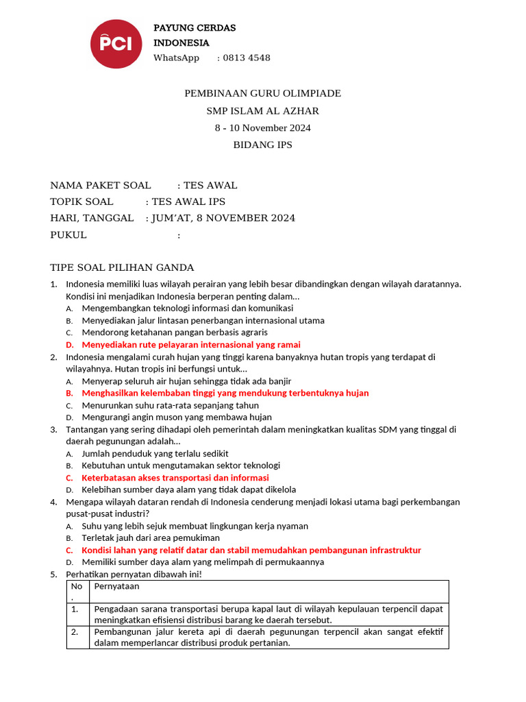Pci - Form Soal SMP - Pre Test Ips | PDF