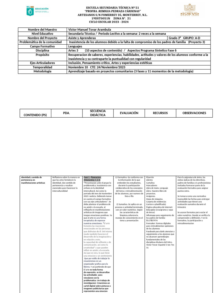 Planeacion ARTES 3A. Lenguajes. Oct23-Nov 10-23 | PDF | Evaluación ...