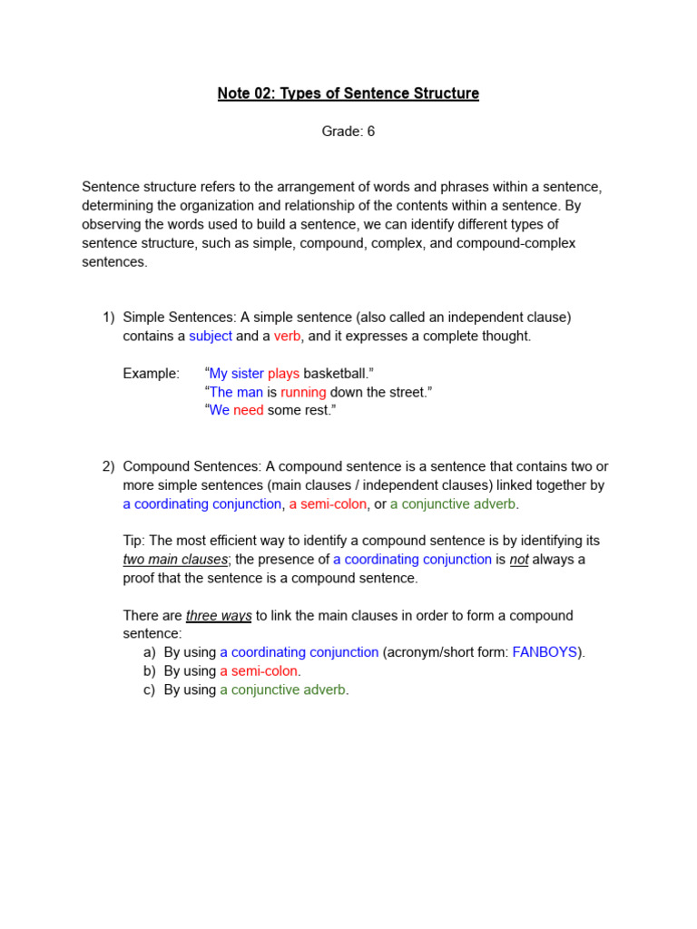 Types of Sentence Structures | PDF | Sentence (Linguistics) | Clause