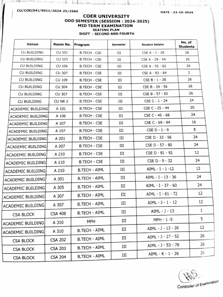 Seating Plan Shift-Second and Fourth 23-Oct-2024 17-33-30 | PDF