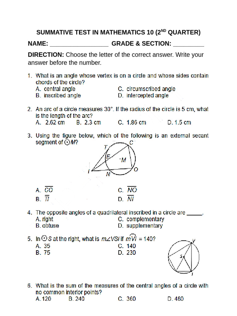 SUMMATIVE TEST IN MATHEMATICS 10 2nd Quarter | PDF