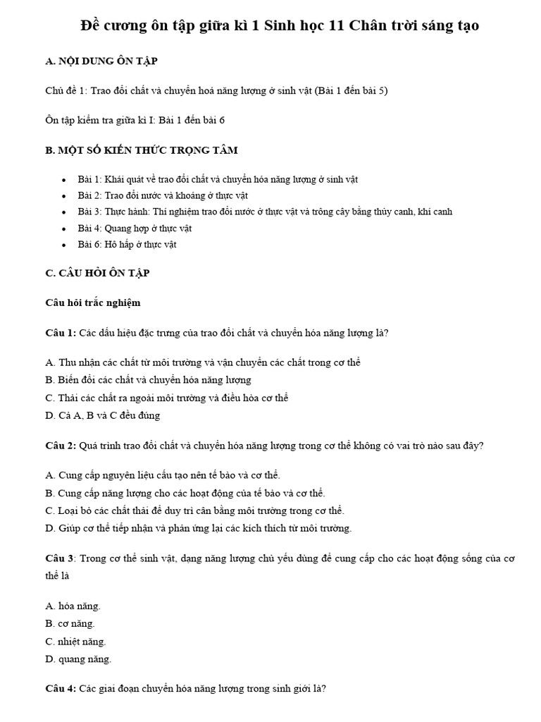 De Cuong GK 1 Sinh 11 CTST | PDF