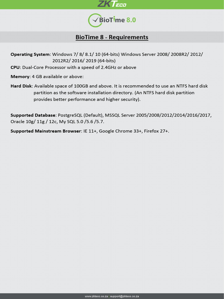 BioTime 8 - Requirements | PDF