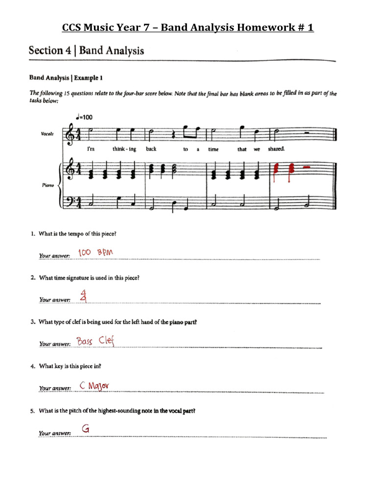 CCS Music Year 7 - Band Analysis Homeowrk 1 Answer Key | PDF