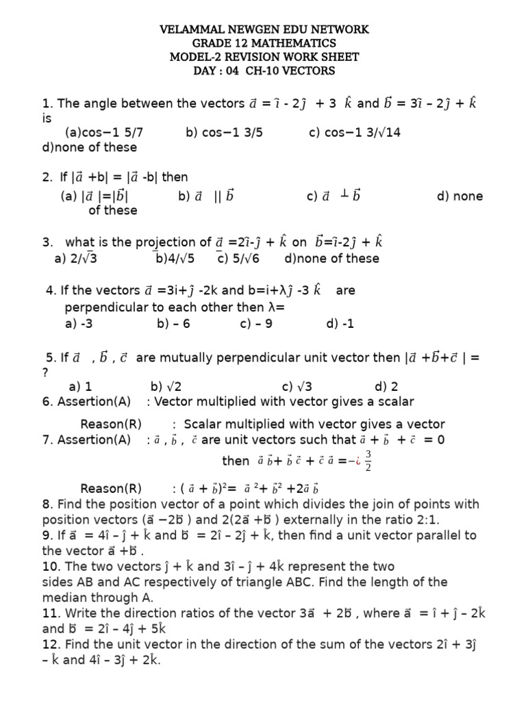 Grade 12 Vectors Revision Sheet | PDF | Euclidean Vector | Angle