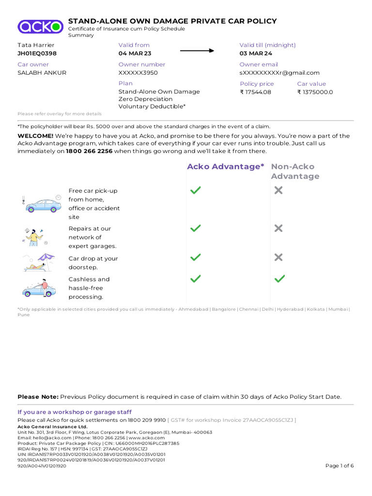Acko Car Policy - DCOR00781570784 - 00 | PDF | Insurance | Financial Risk