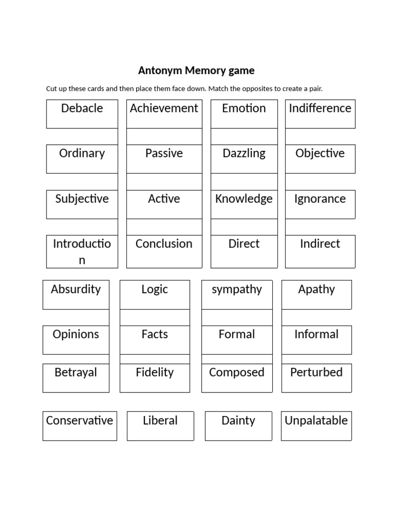 Antonym Memory Game | PDF