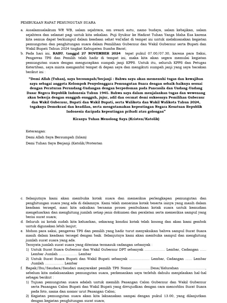 Pointer Pembukaan Rapat Pemungutan Suara Di TPS | PDF