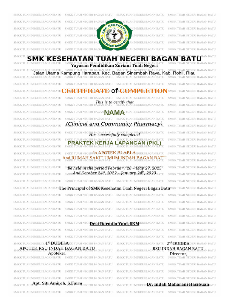 PKL Certificate: SMK Kesehatan Bagan Batu | PDF