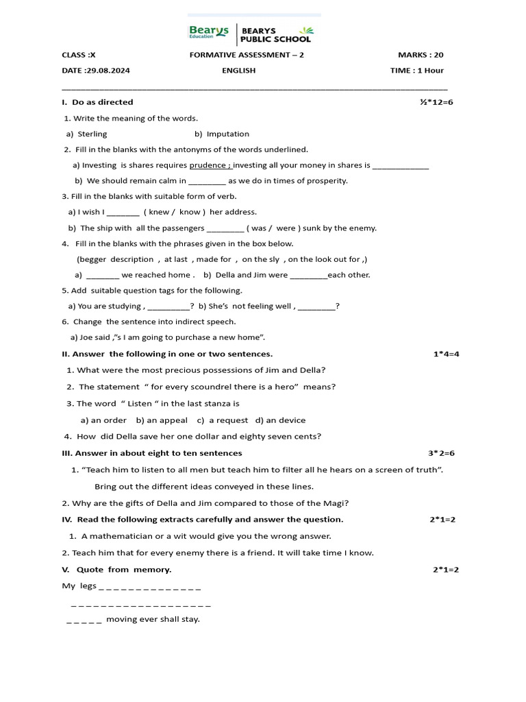 Class 10 Formative Assessment 2 Guide | PDF