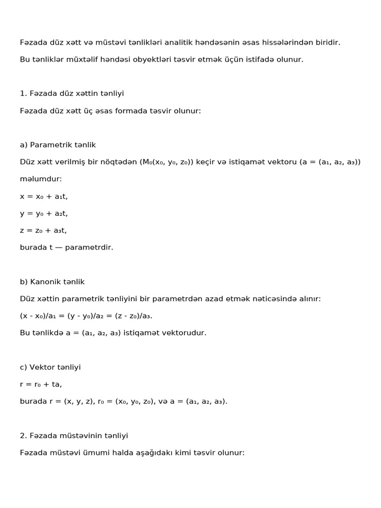 Fazada Duz Xett Ve Mustavi Tenlikleri | PDF