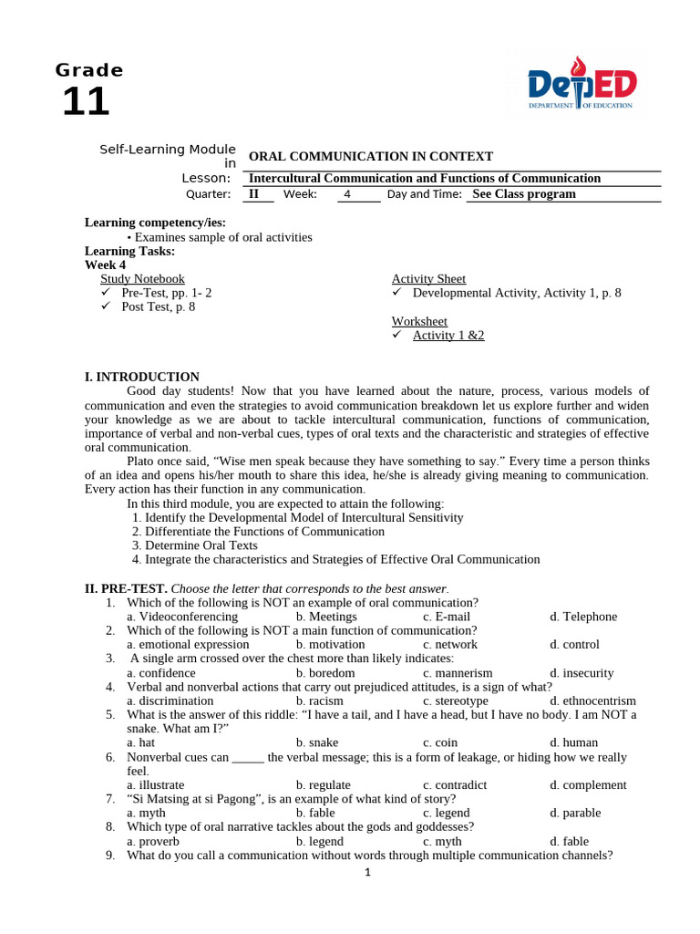 Module 4 Oral Communication SLM and Worksheet Final | PDF | Nonverbal ...
