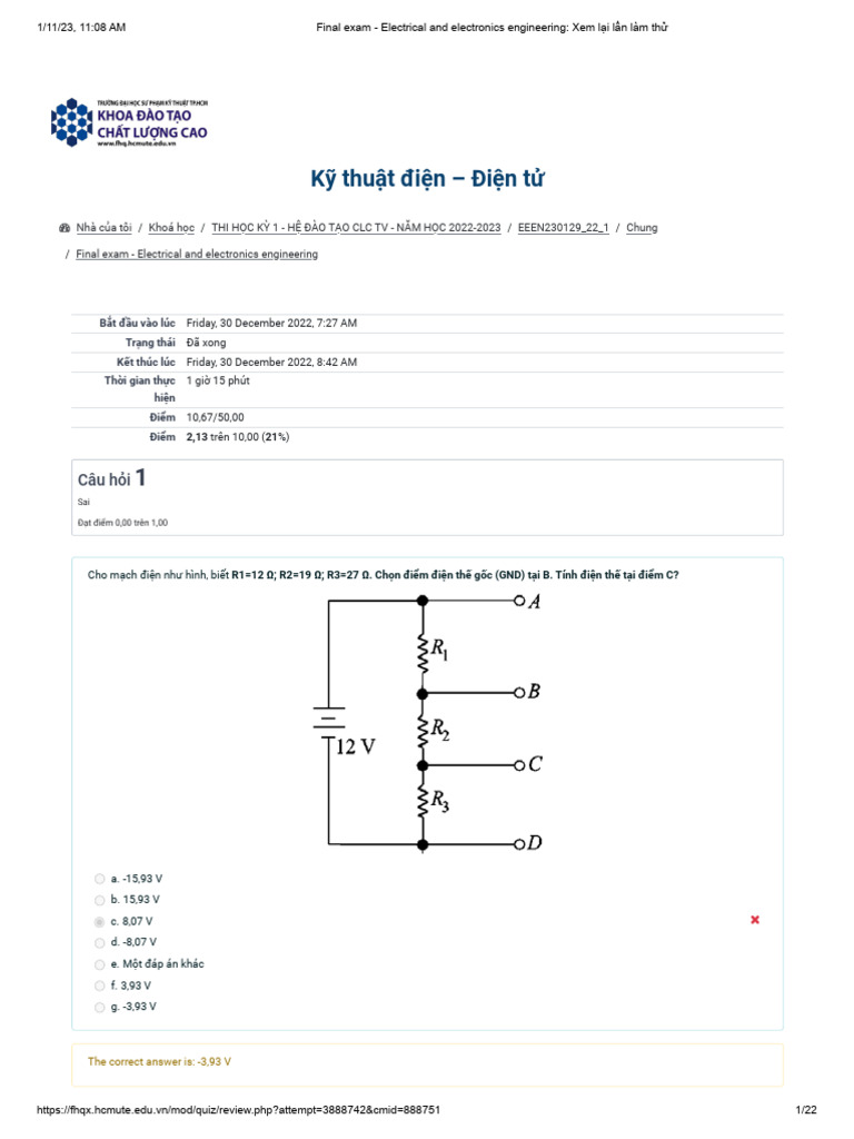 Final exam - Electrical and electronics engineering - Xem lại lần làm ...