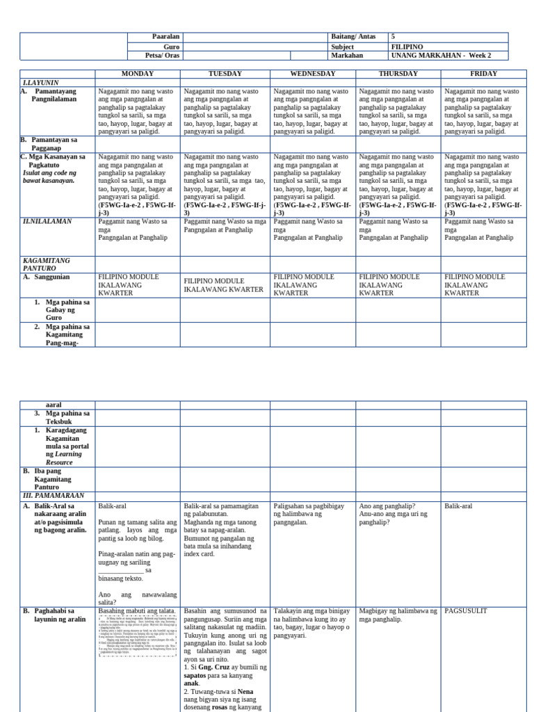 DLL Week 2 Filipino V | PDF