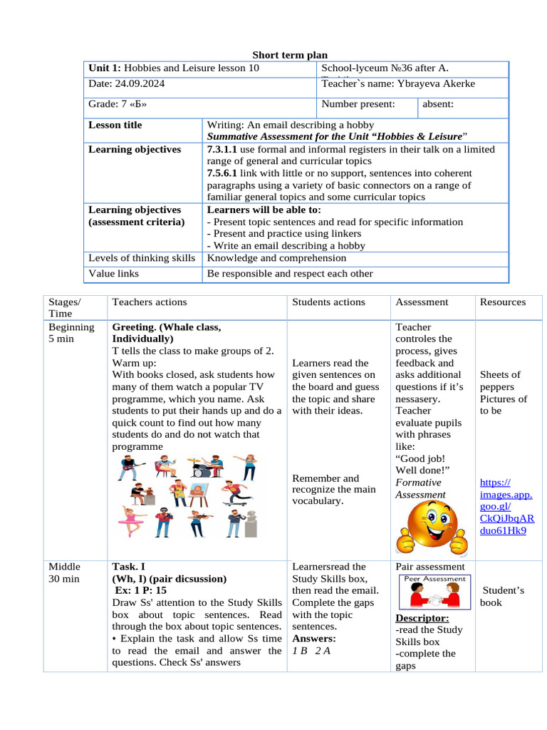 Short Term Plan Unit 1:: Summative Assessment For The Unit "Hobbies ...