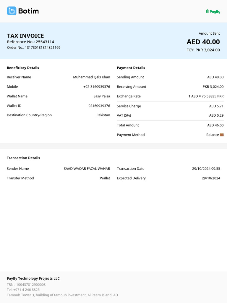 Remittance Invoice for AED 40 Transfer | PDF | Money | Wire Transfer