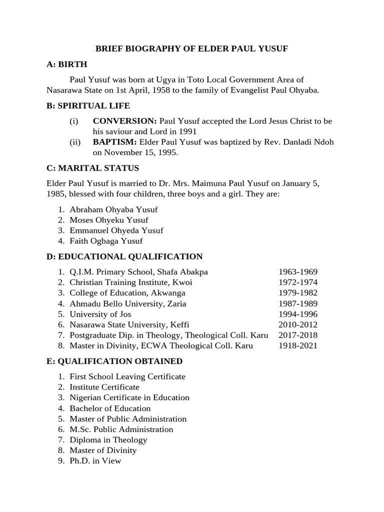 Biography of Elder Paul Yusuf | PDF | Theology | Religious Belief And ...