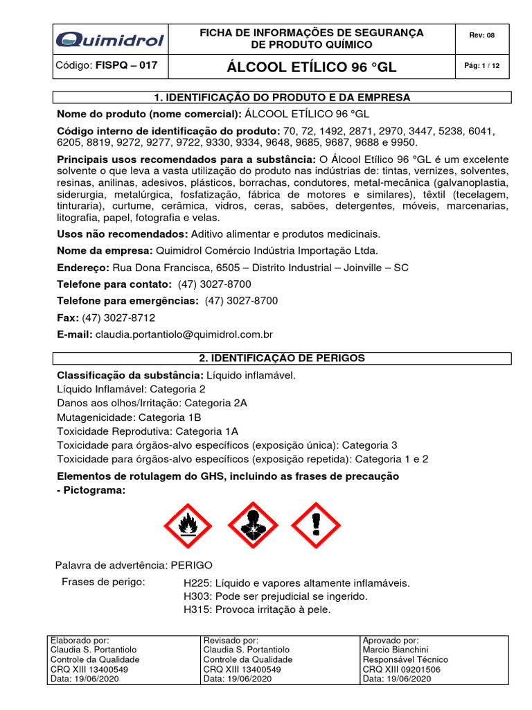 FISPQ: Álcool Etílico 96 °GL | PDF | Cloro | Desperdício