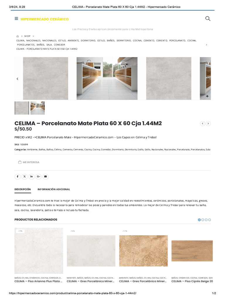 Porcelanato Celima Mate Plata 60x60 | PDF