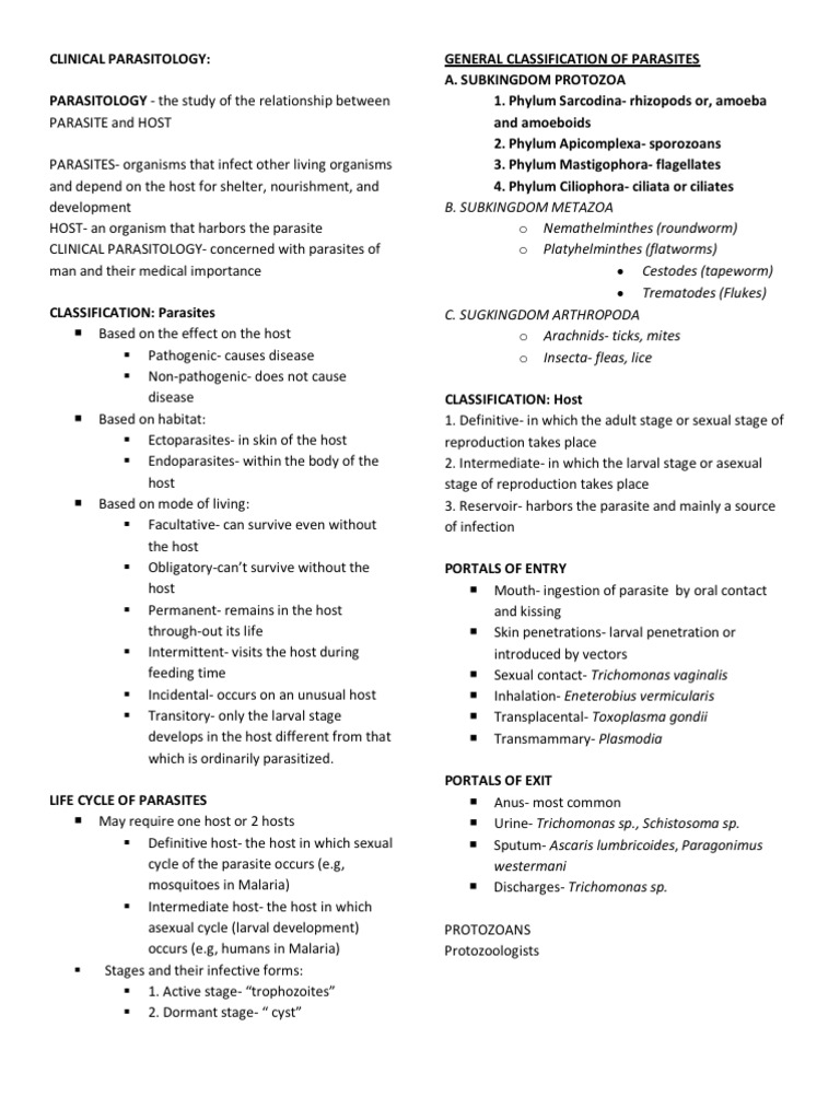 Clinical Parasitology Outline | PDF | Protozoa | Parasitism