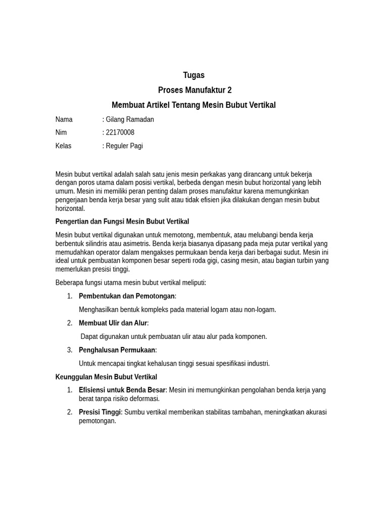 Gilang Ramadan - Tugas - Artikel - Mesin Bubut Vertikal - 22170008 | PDF
