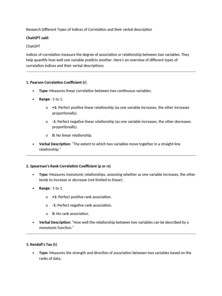 Research Different Types of Indices of Correlation and Their Verbal ...