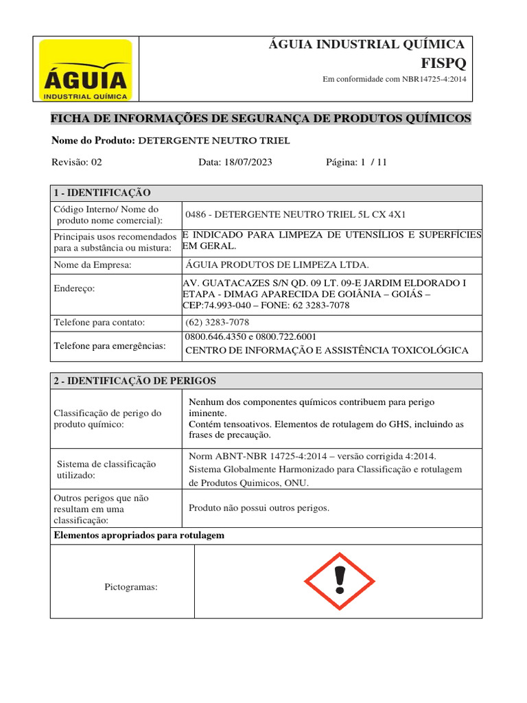 FISPQ - Detergente Neutro Tirel | PDF | Química | Dióxido de carbono