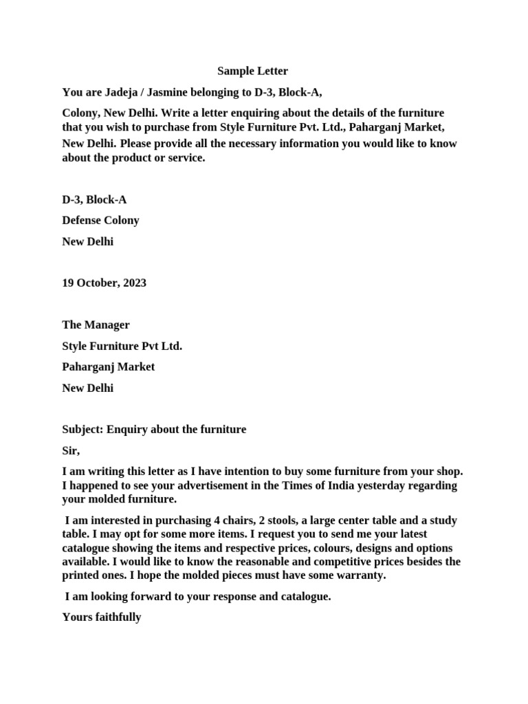 Sample Enquiry Letter for Furniture | PDF