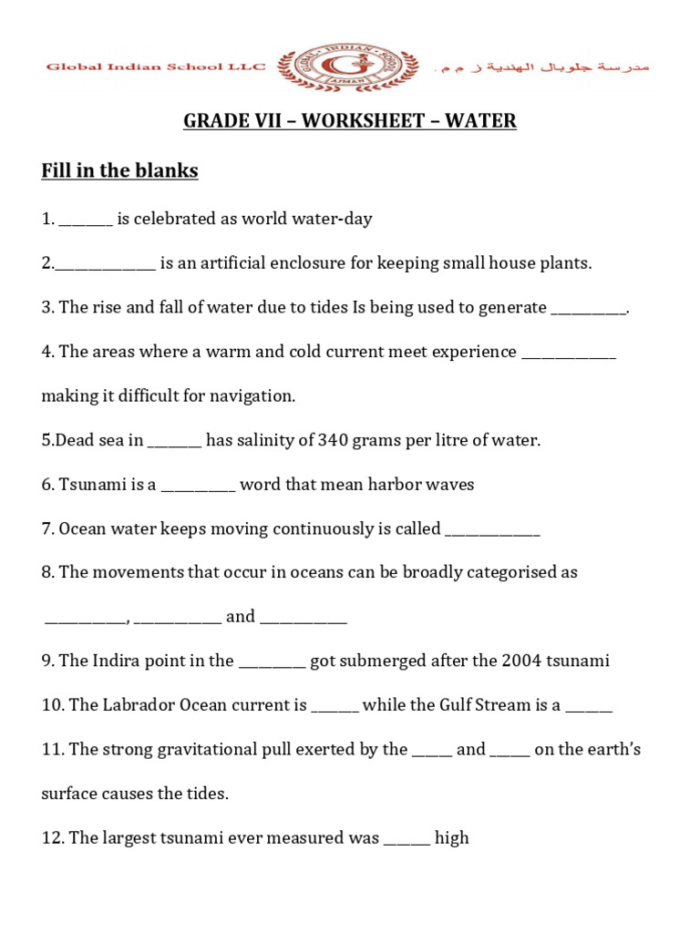 Grade 7 Water Worksheet | PDF
