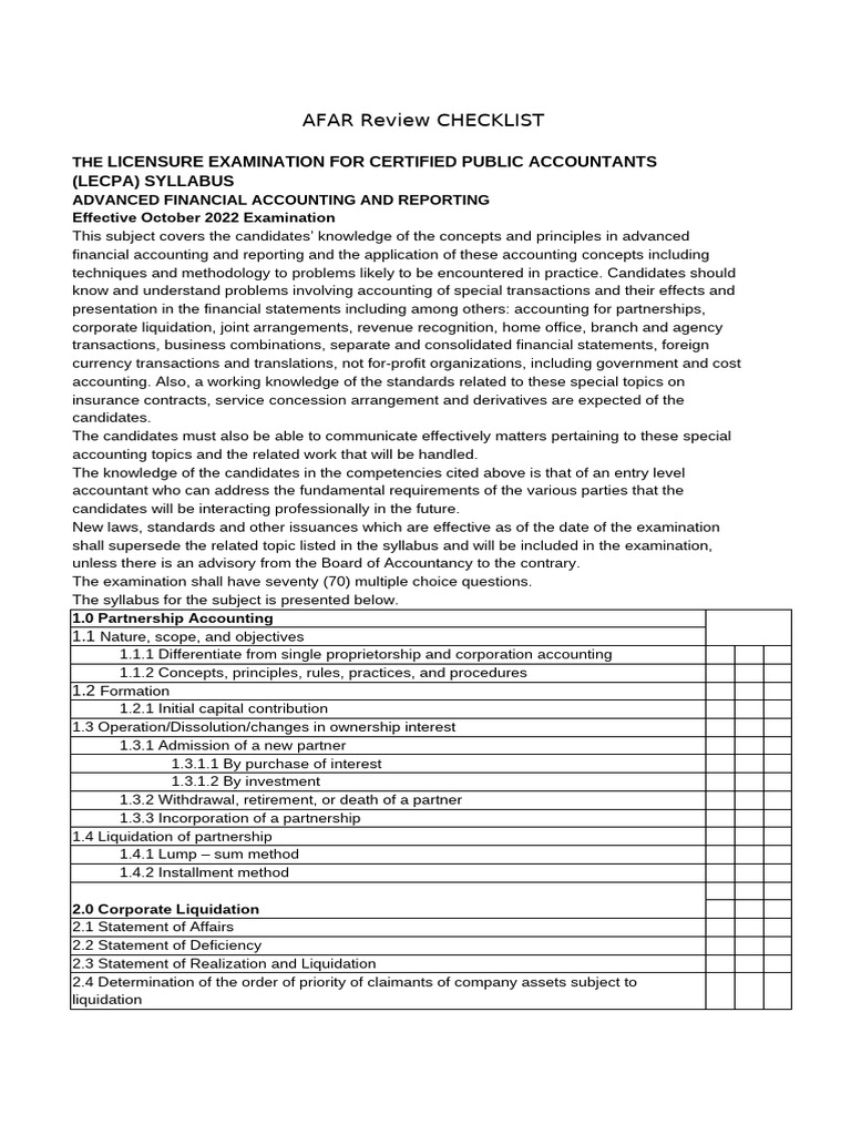 AFAR Review Checklist | PDF | Financial Accounting | Accounting