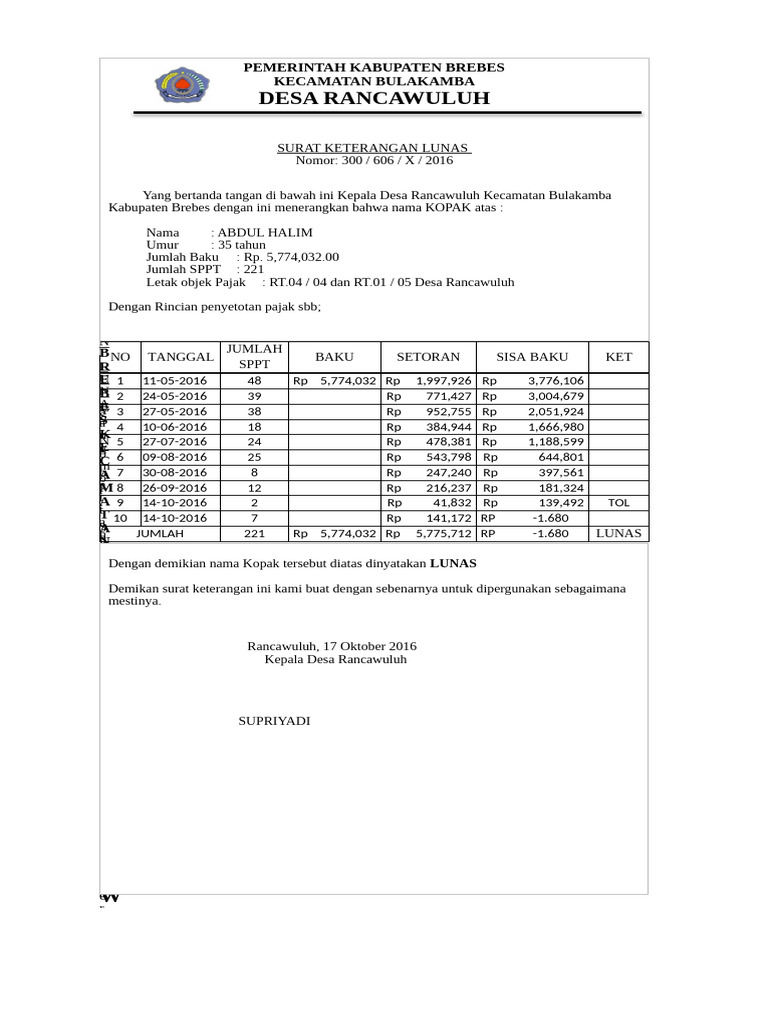 Surat Ket. Lunas PBB | PDF