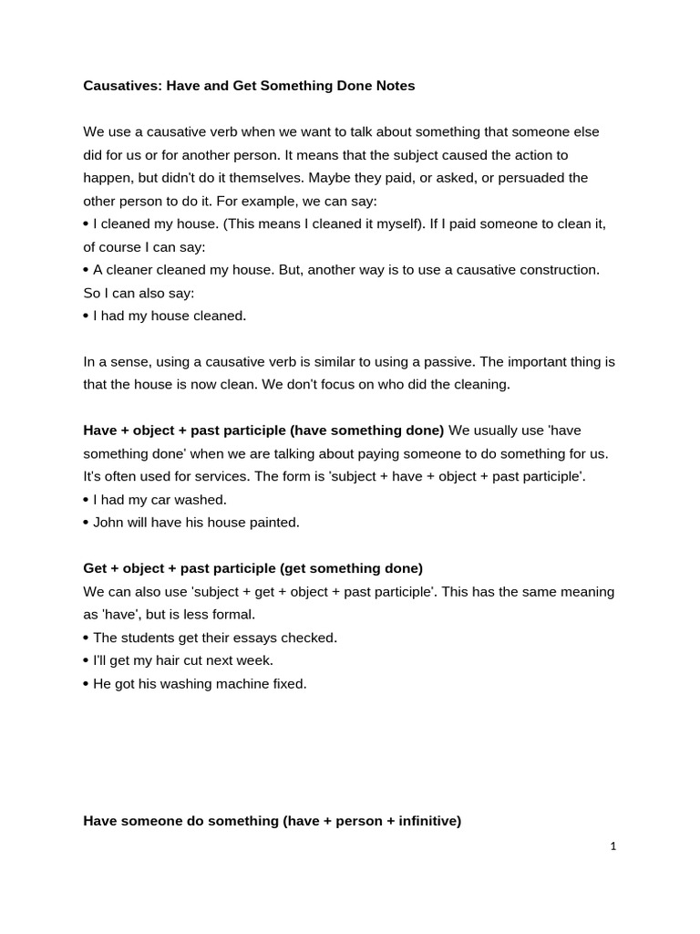 Causatives Have Get Something Done Notes | PDF | Verb | Language Mechanics Causatives Have Get Something Done Notes | PDF | Verb | Language Mechanics