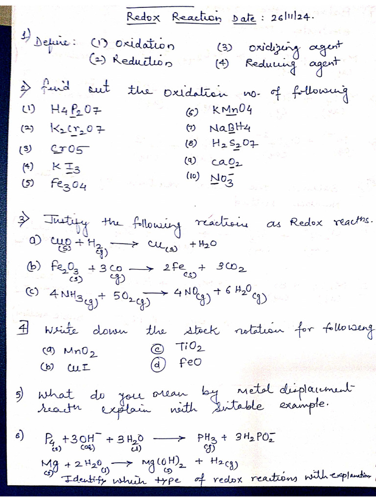 Worksheet Class 11. Redox Reaction | PDF