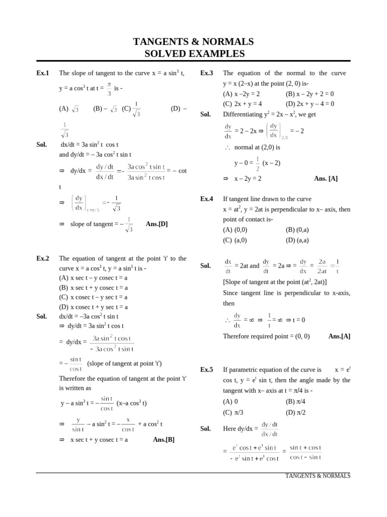 Application of Derivative (Tangents & Normals) Exercise | PDF | Tangent | Slope