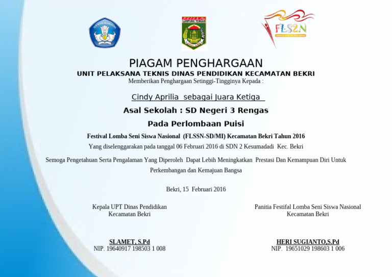 Piagam Penghargaan Lomba FL2SN | PDF