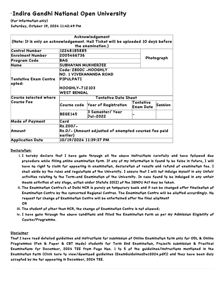 IGNOU Exam Acknowledgement Notice | PDF