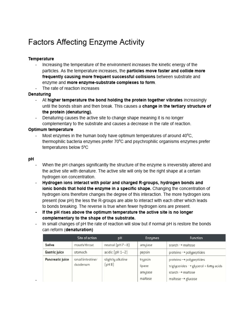 Factors Affecting Enzyme Activity - OCR A Level Biology | PDF | Active ...