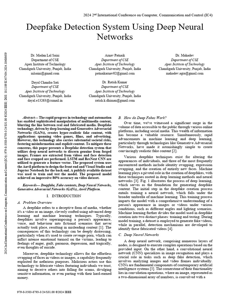 Deepfake Detection System Using Deep Neural Networks Pdf Artificial Neural Network Deep
