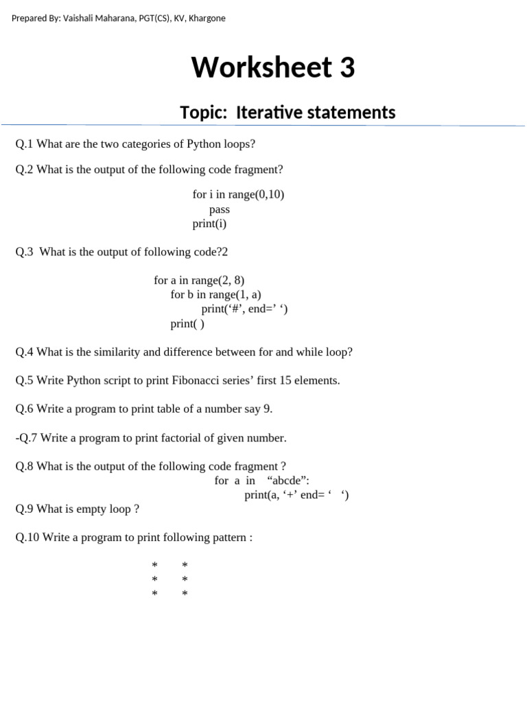 Python Iterative Statements Worksheet | PDF