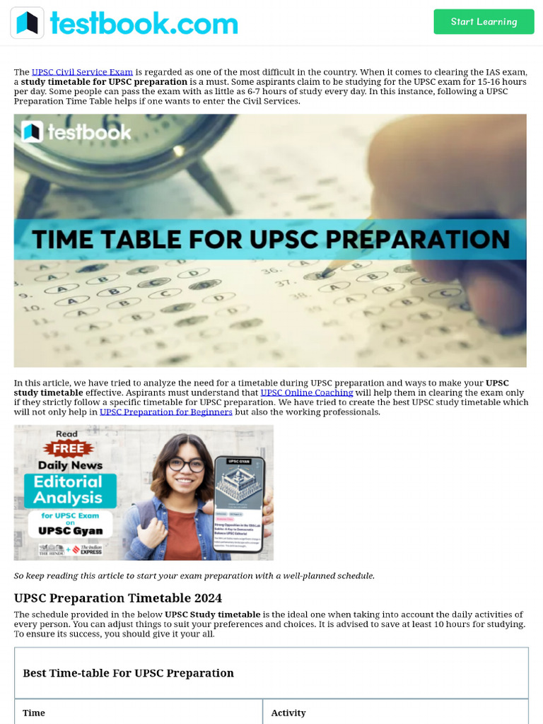 Time Table For UPSC Preparation - Get Detailed Study Plan For UPSC | PDF