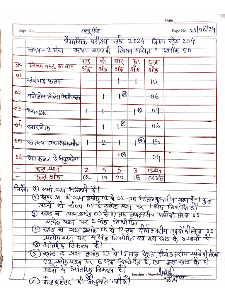 Class 12th Quarterly Exam Mathematics 2024 Blueprint | PDF