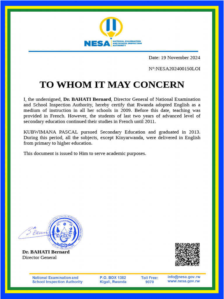 Language of Instruction Certificate | PDF