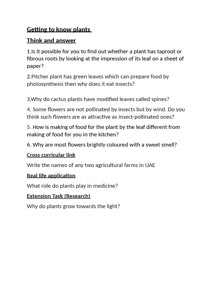 Getting To Know Plants Think and Answer HW Questions | PDF