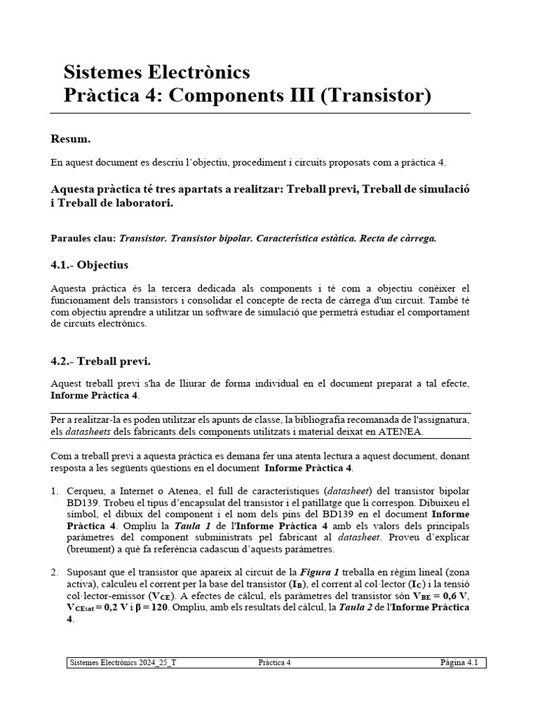 Pràctica 4 STI (Components III - Transistors) (Rev 2024 - 25 - T) | PDF