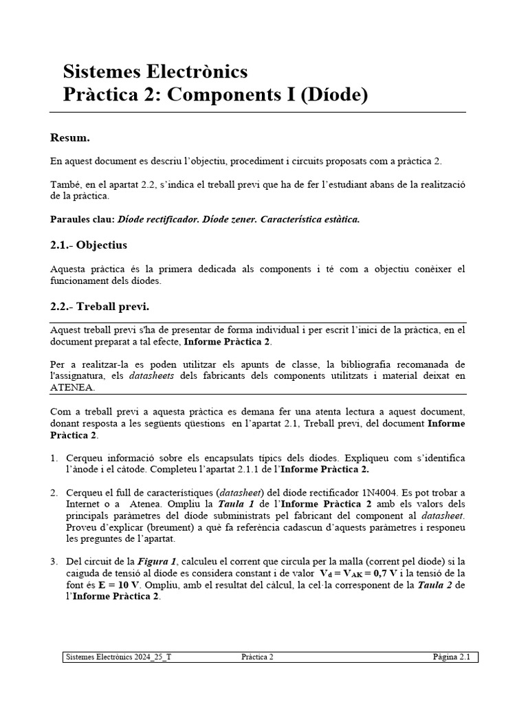 Pràctica 2 STI (Components I - Díodes) (Rev 2024 - 25 - T) | PDF