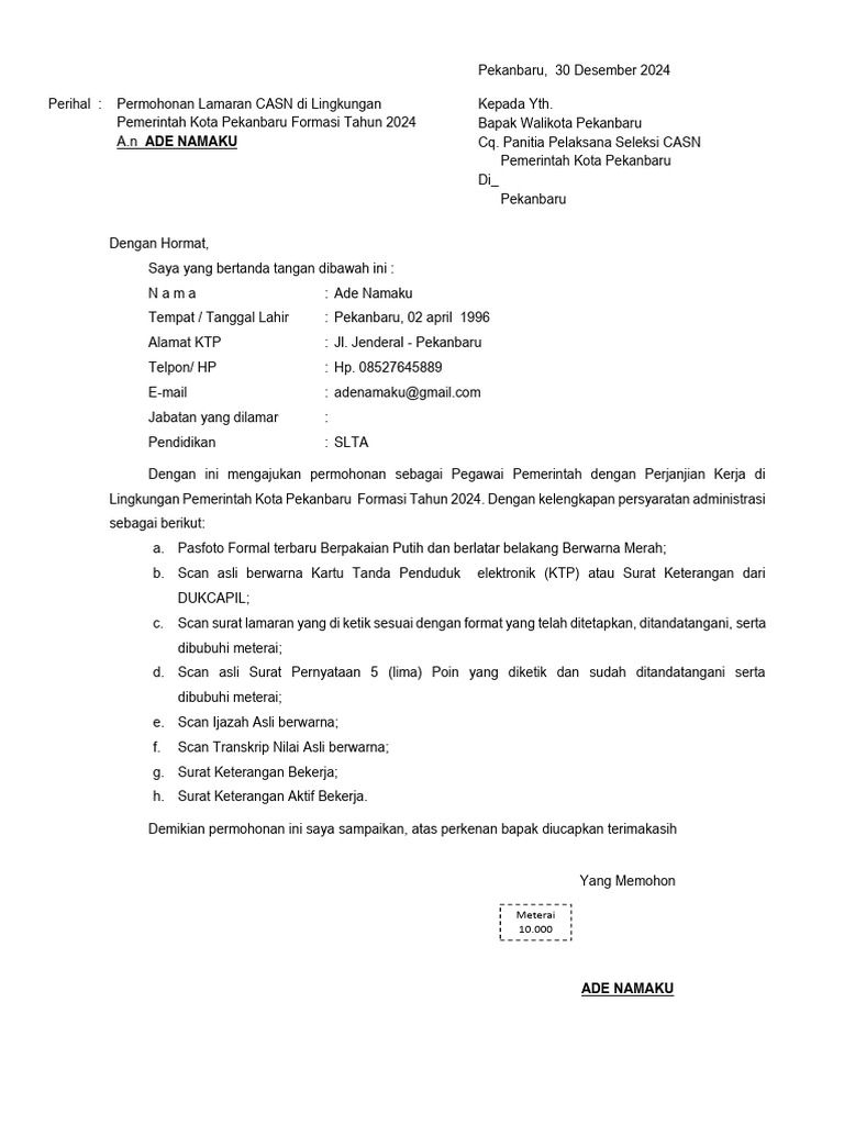 Contoh Surat Lamaran P3K Tahun 2024 | PDF