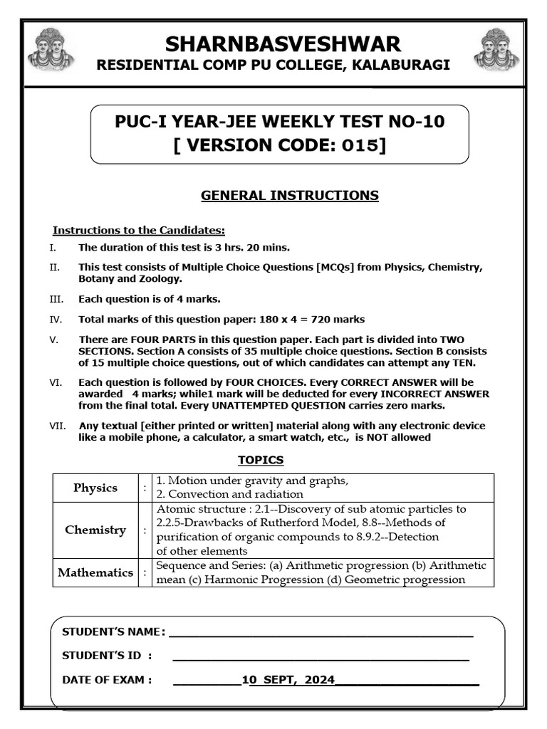 p1 Jee WKT 10 10-09-24 All Versions QP | PDF | Proton | Atoms