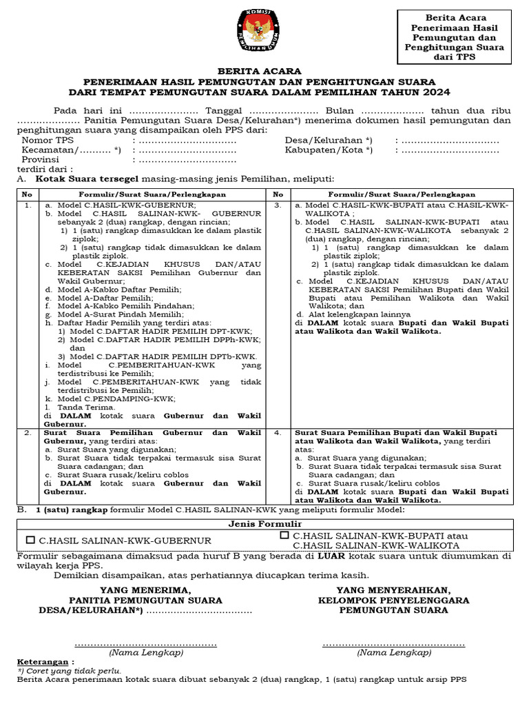 Berita Acara Penerimaan (KPPS Ke PPS) Pemilihan 2024 - SIMULASI | PDF